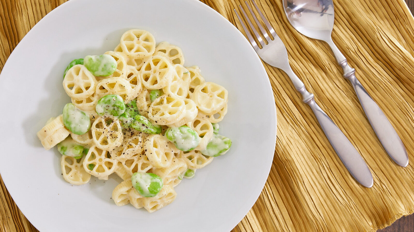 Recipe for Creamy Fresh Fava Rotelle | PBS Food