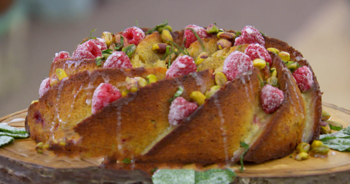 Raspberry and Rhubarb Drizzle Cake with Custard | Great… | PBS Food