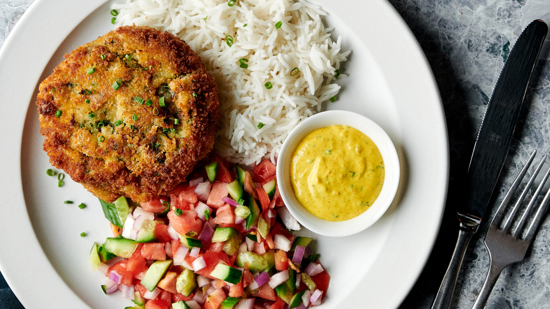 Cod Cake with Amba Sauce and Israeli Salad | PBS Food