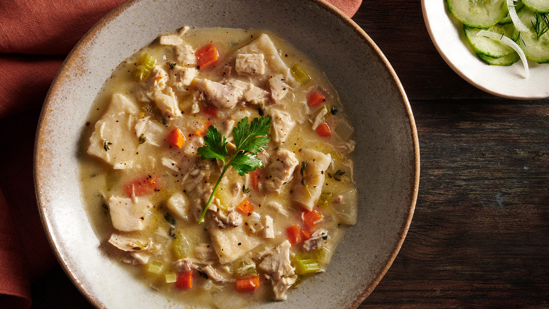 Chicken and Dumplings with Cucumber and Onion Salad | PBS Food