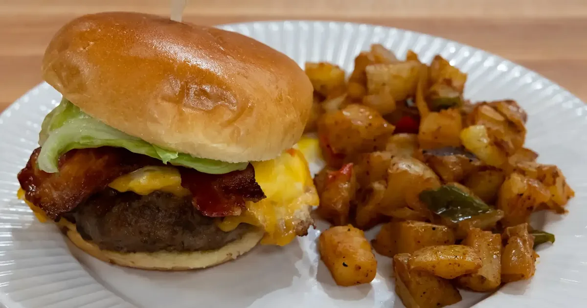 Angus Beef Breakfast Burger with a Fried Egg and Breakfast… | PBS Food